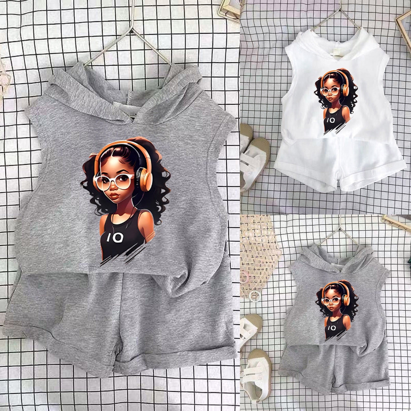Baby Girl Outfits Sleeveless Printed Hooded Top and Shorts Casual ...