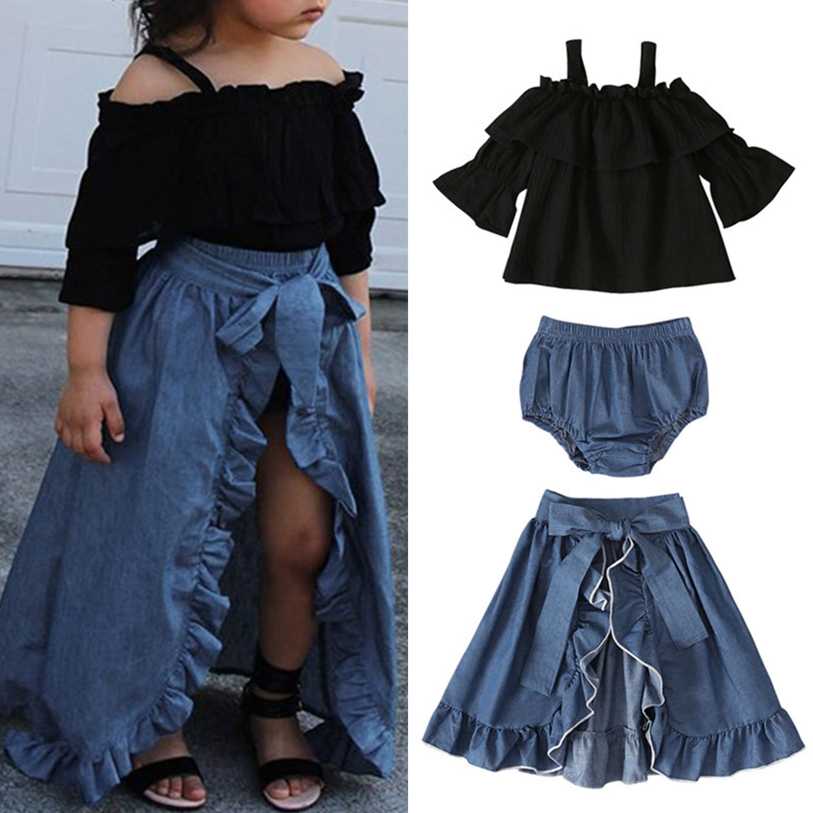 Baby Girl Outfits Summer Off Shoulder Suspender Top and Split Denim ...