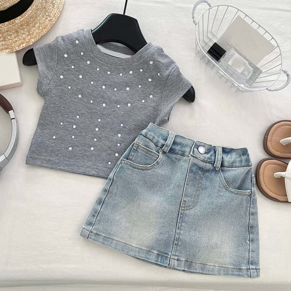 Baby Girl Outfits Summer Short Sleeve T Shirt with Rhinestone Denim ...