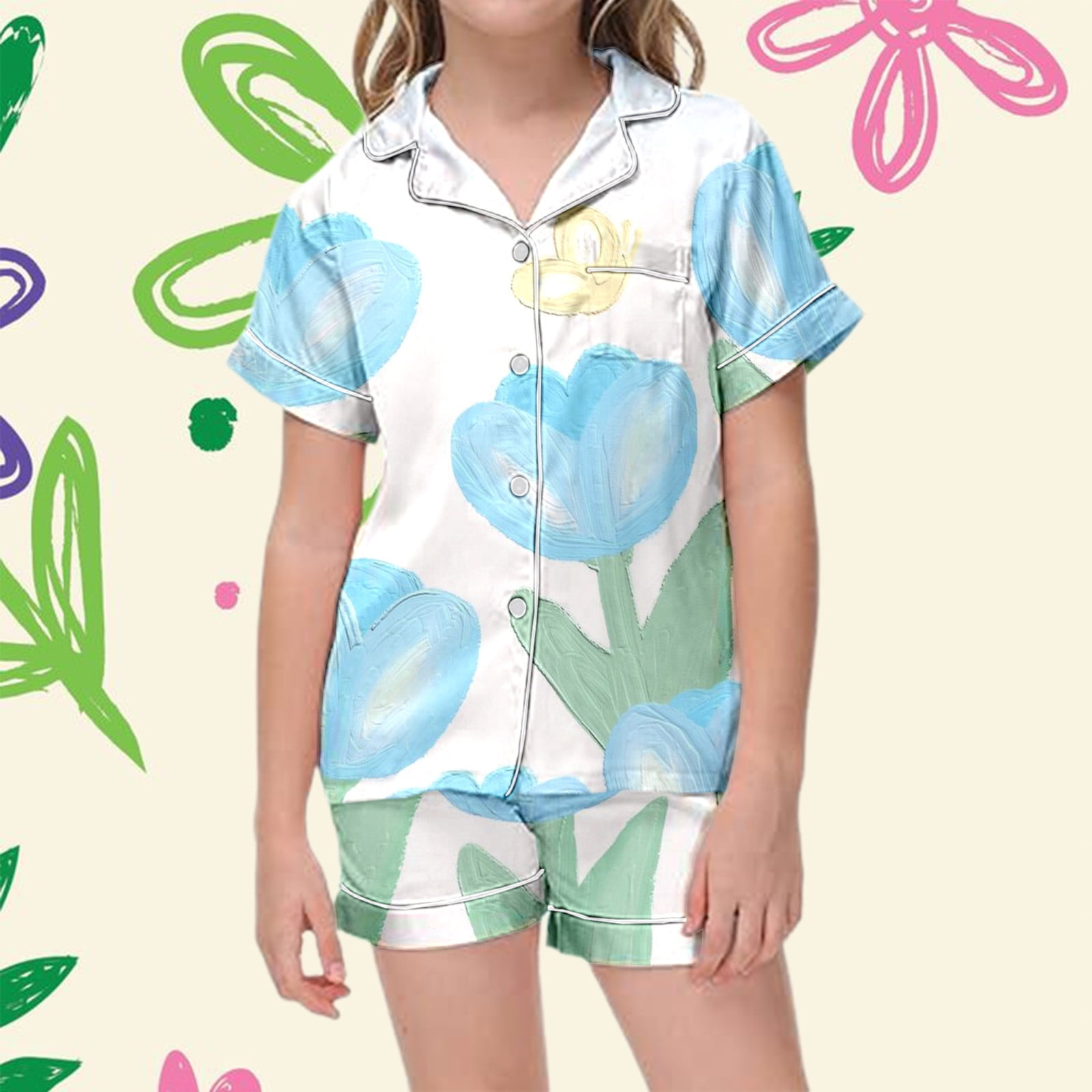 Baby Girl Pajamas Child Girls Summer Flower Printed Classic Satin ...