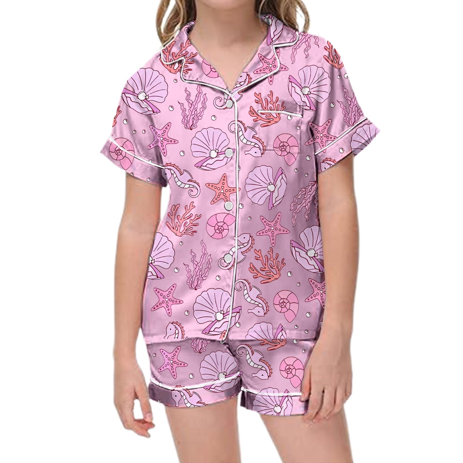 Baby Girl Pajamas Set Satin Silk Short Sleeves Sleepwear Button Down ...