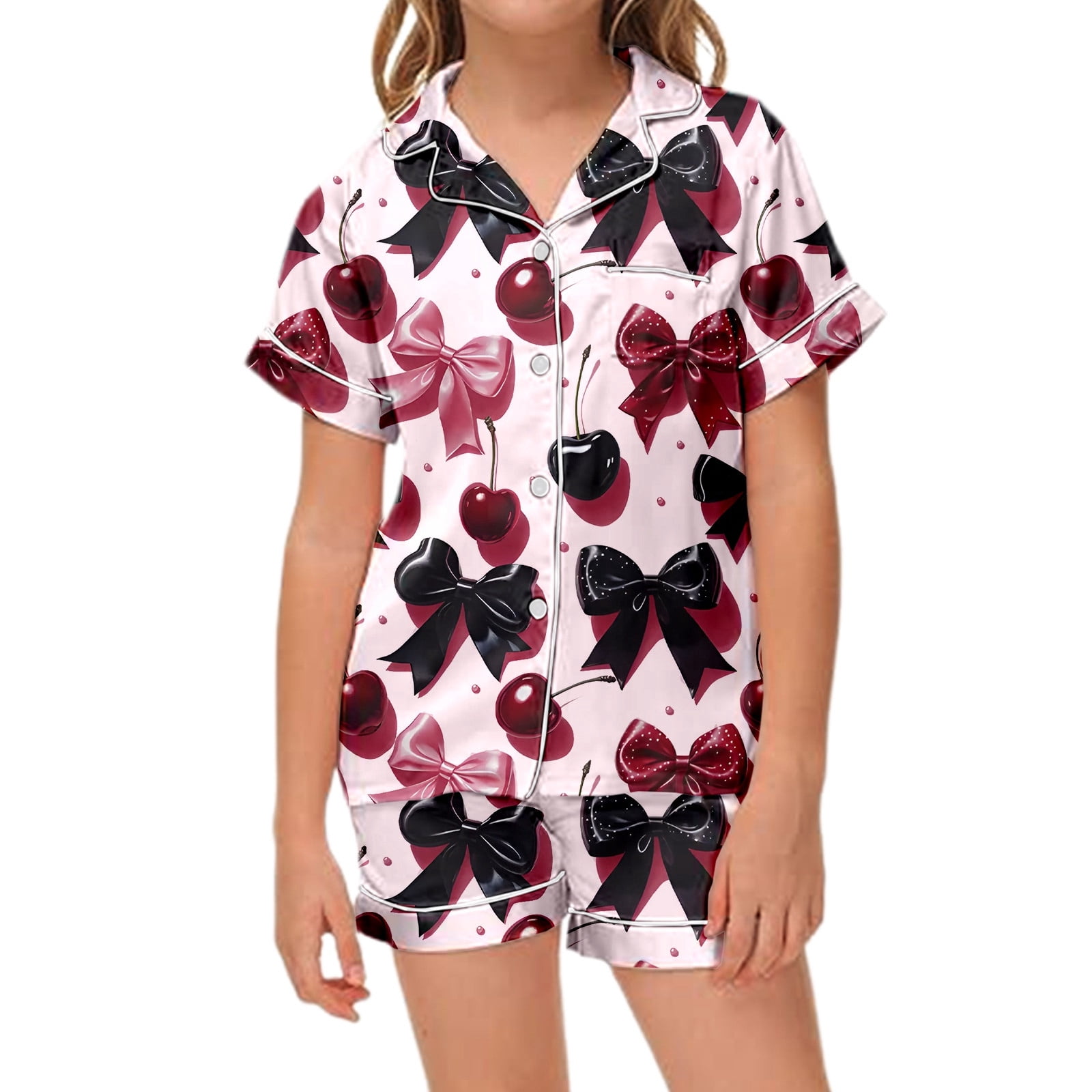 Baby Girl Pajamas Short Sleeve Cherry Bow Print Round Neck Comfortable ...