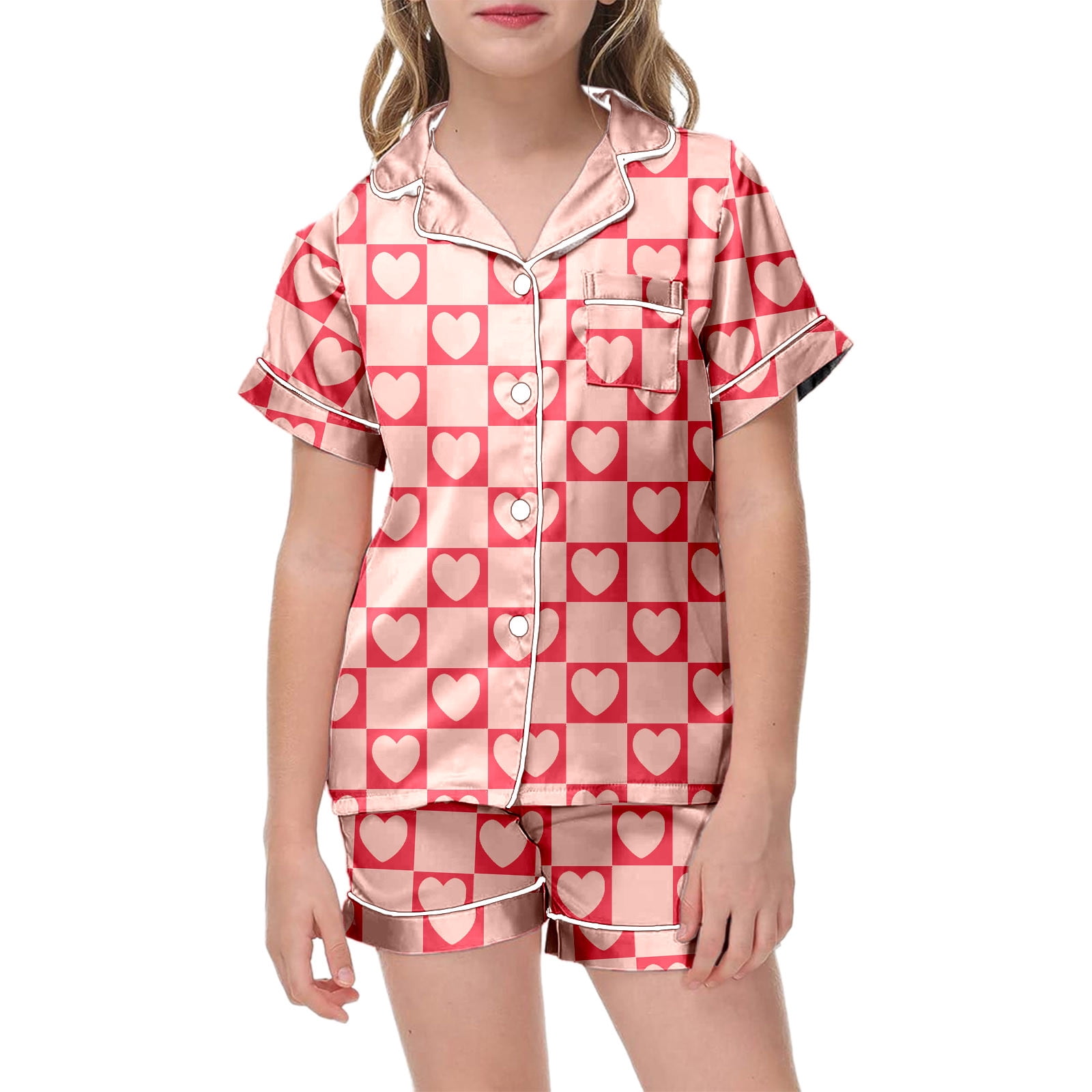 Baby Girl Pajamas Valentine's Day Heart Printed Lapel Collar Short Sleeve Nightwear Outfits Set ...