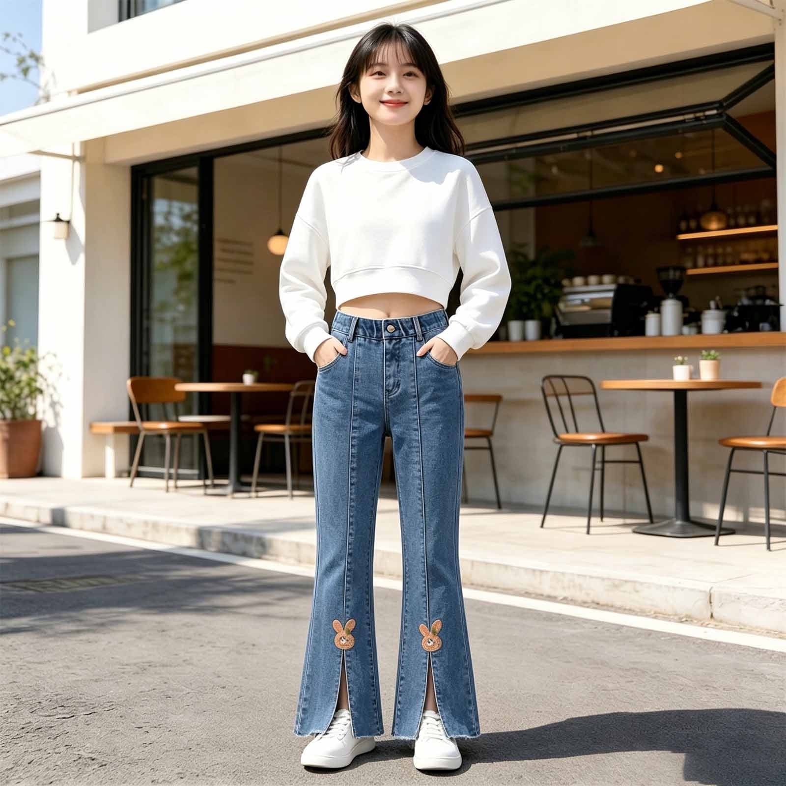 Baby Girl Pants Classic Fit Pocket Solid Print Stretchy Wide Leg Jeans ...