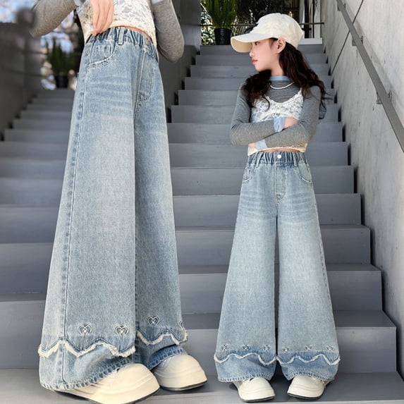 Baby Girl Pants Loose Fit Pocket Solid Print Flared Jeans for Daily ...
