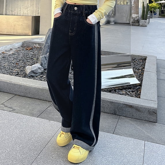 Baby Girl Pants Pocket Elastic Waist Solid Print Loose Fit Straight Leg ...