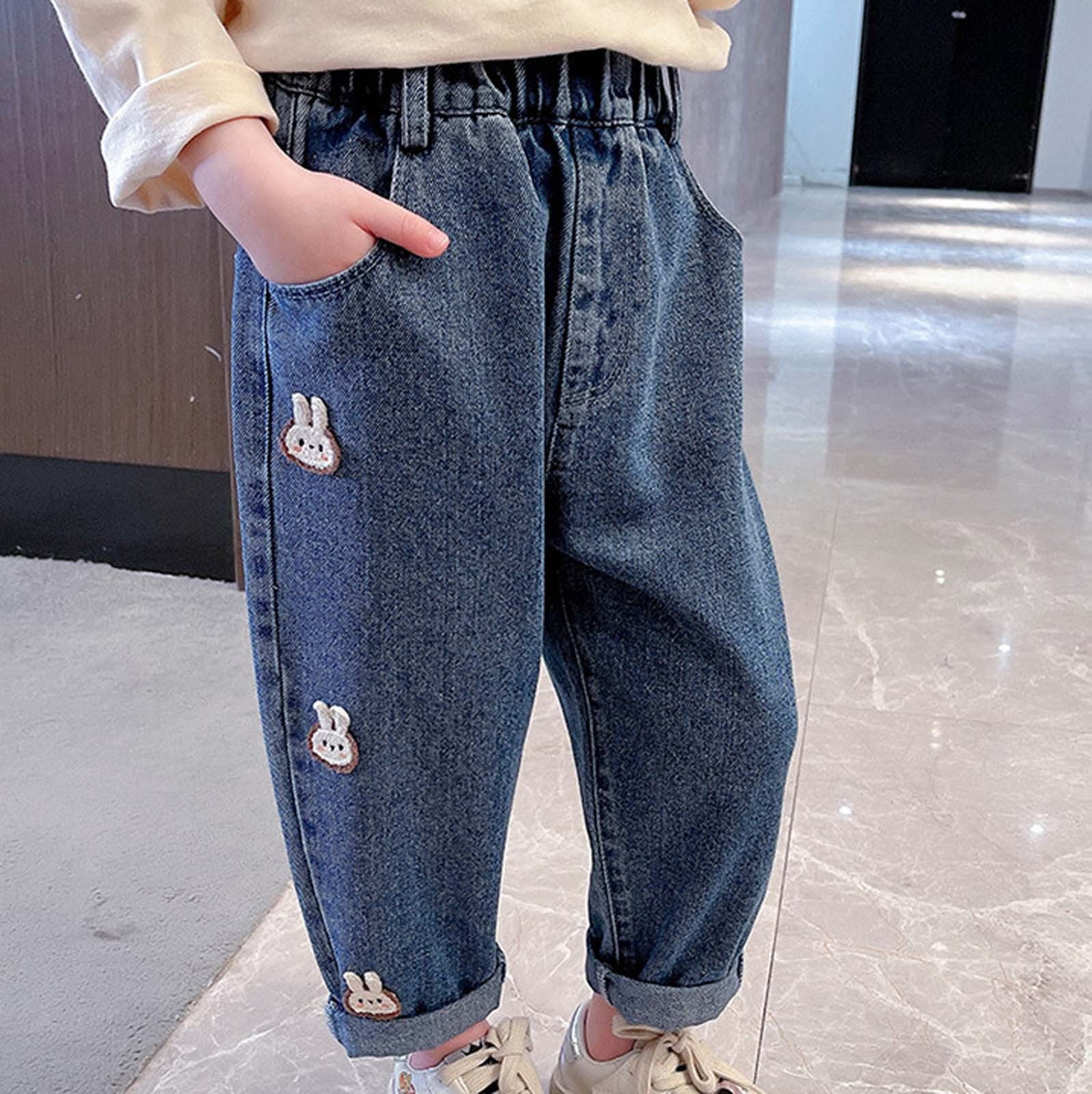 Baby Girl Pants Straight Leg Jeans Solid Print Pocket Elastic Waist ...