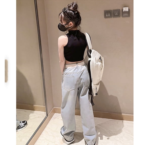 Baby Girl Pants Wide Leg Jeans Letter Print Pocket Loose Fit Denim ...