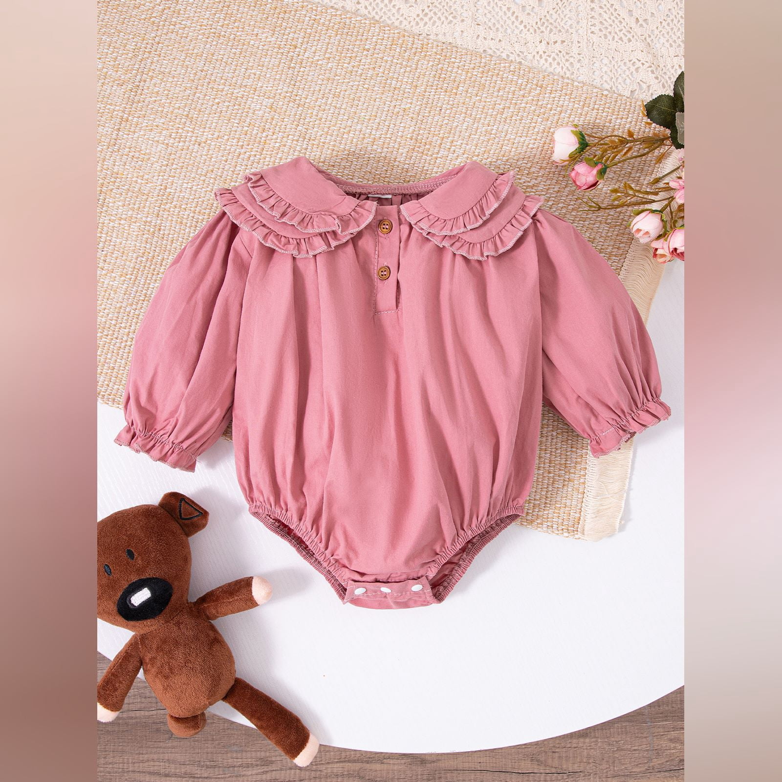 Baby Girl Pink Romper - Bowknots, Peter Pan Collar, Puff Sleeves - Soft ...