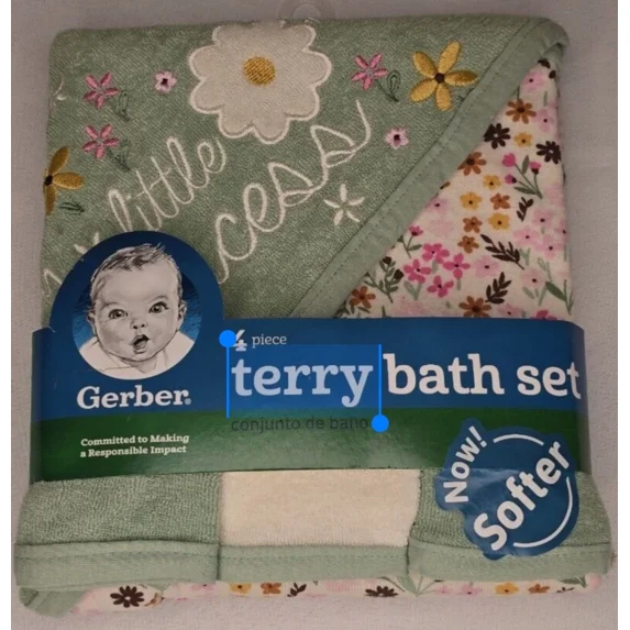 Baby Girl Princess Bath Set Hooded Towel & 3 Washcloths Nip Gerber ...