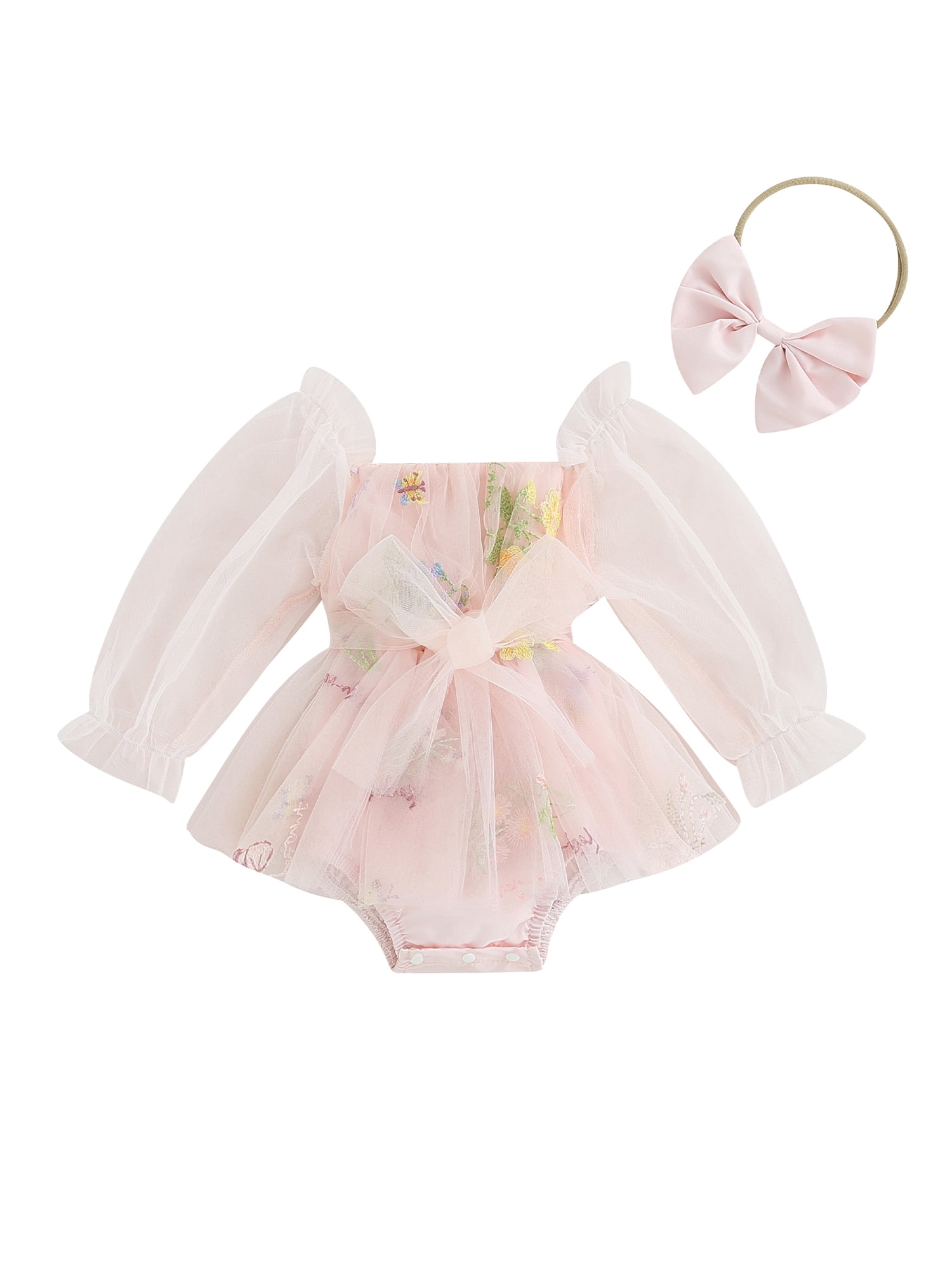 Baby Girl Princess Bubble Romper Dress Floral Embroidery Long Sleeve ...