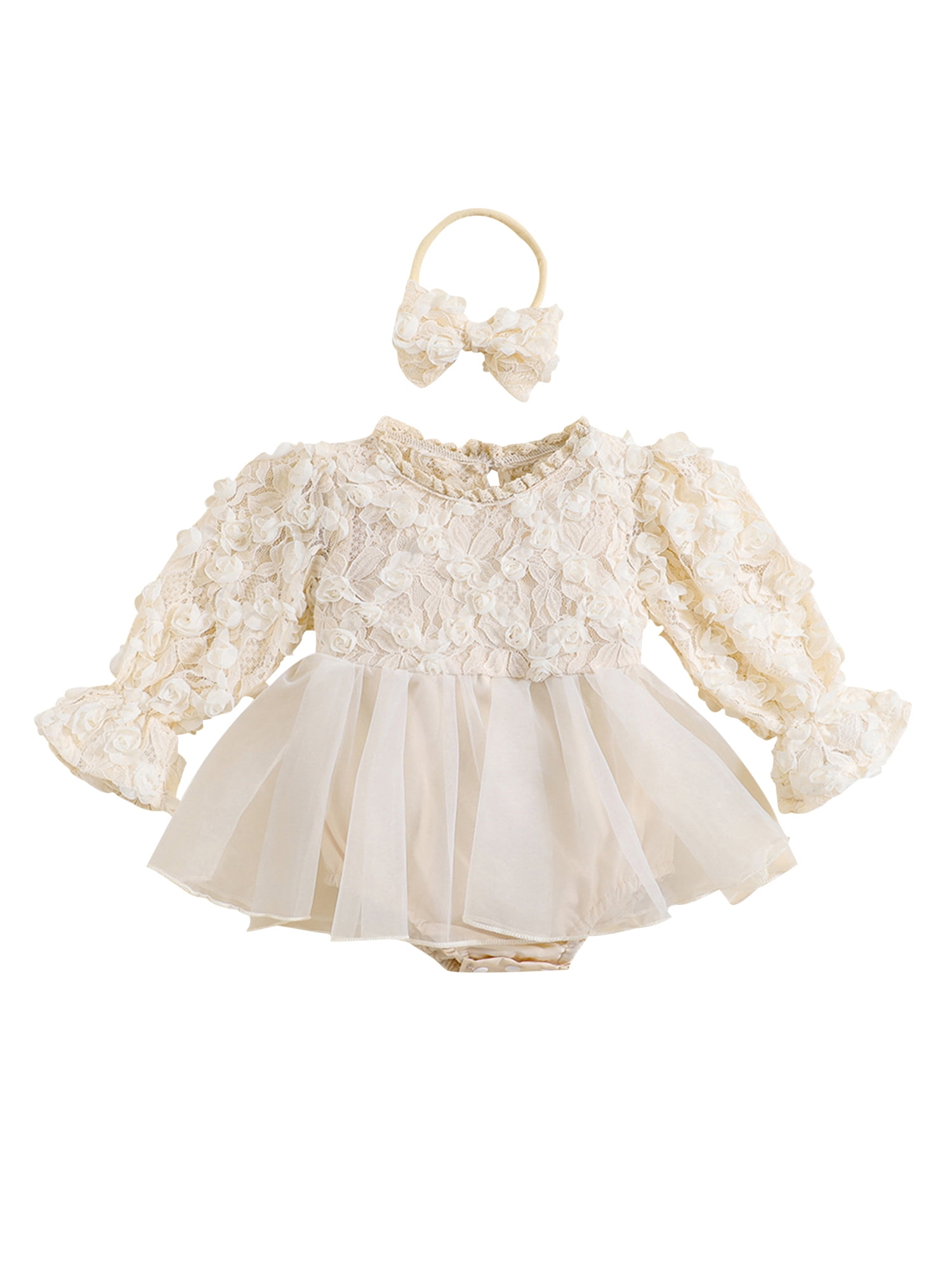 Baby Girl Princess Romper Dress Long Sleeve Lace Flower Tulle Patchwork ...