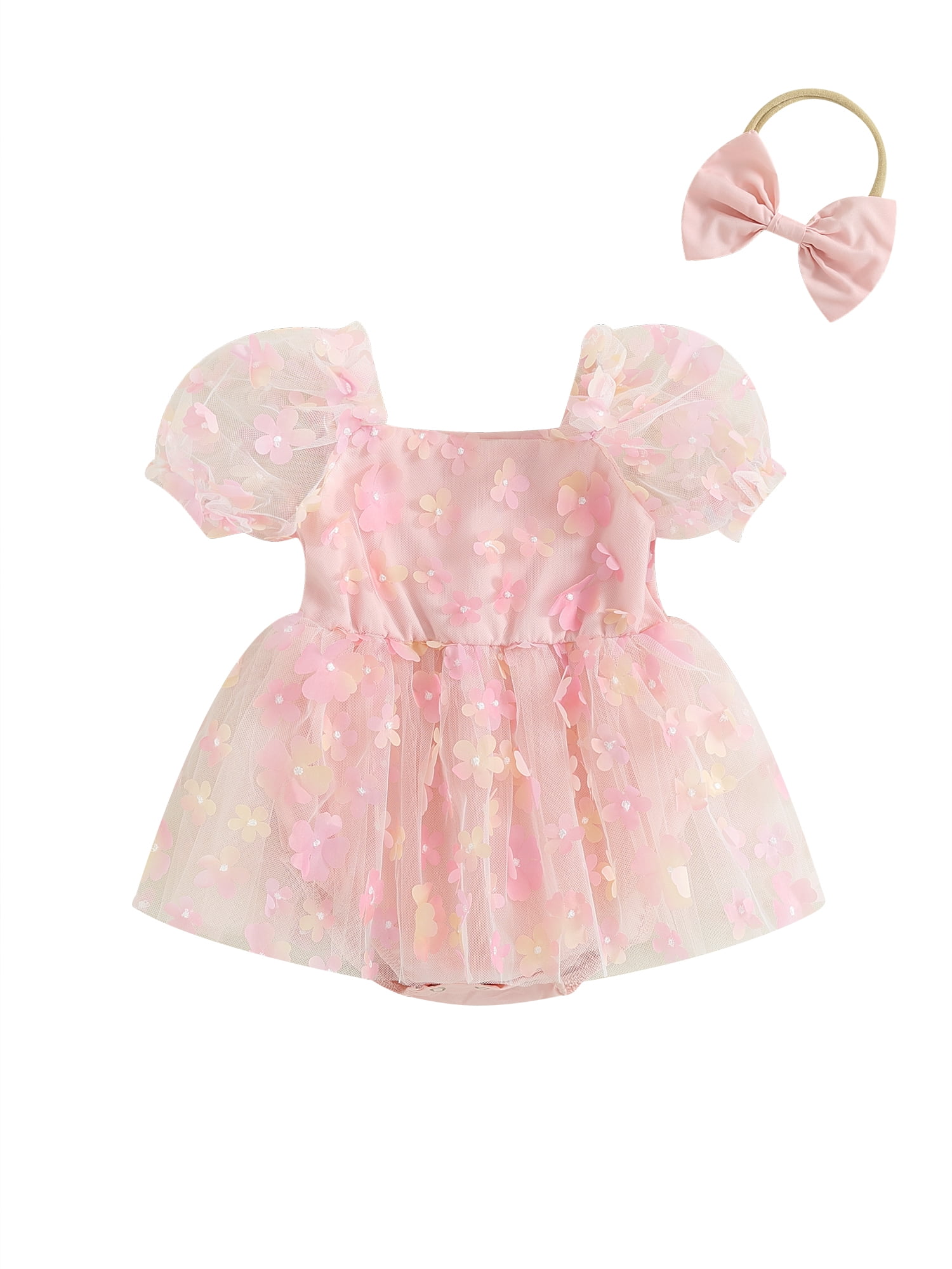 Baby Girl Princess Tulle Dress Short Puff Sleeve 3D Flower Mesh Romper ...