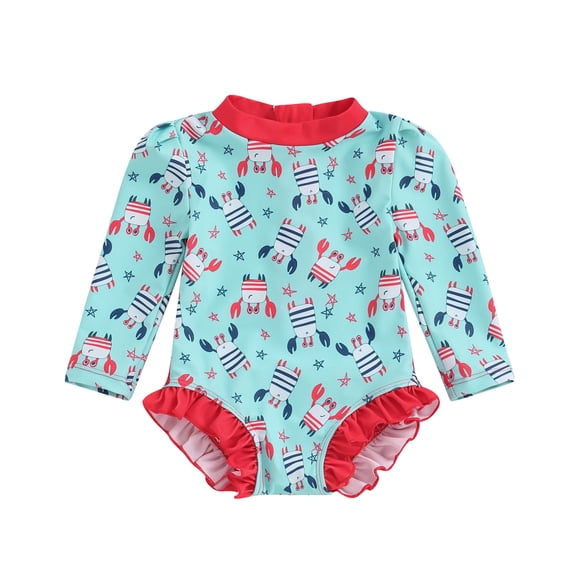 Baby Girl Rash Guard Swimsuit Cute Crab Print Long Sleeve Ruffle ...