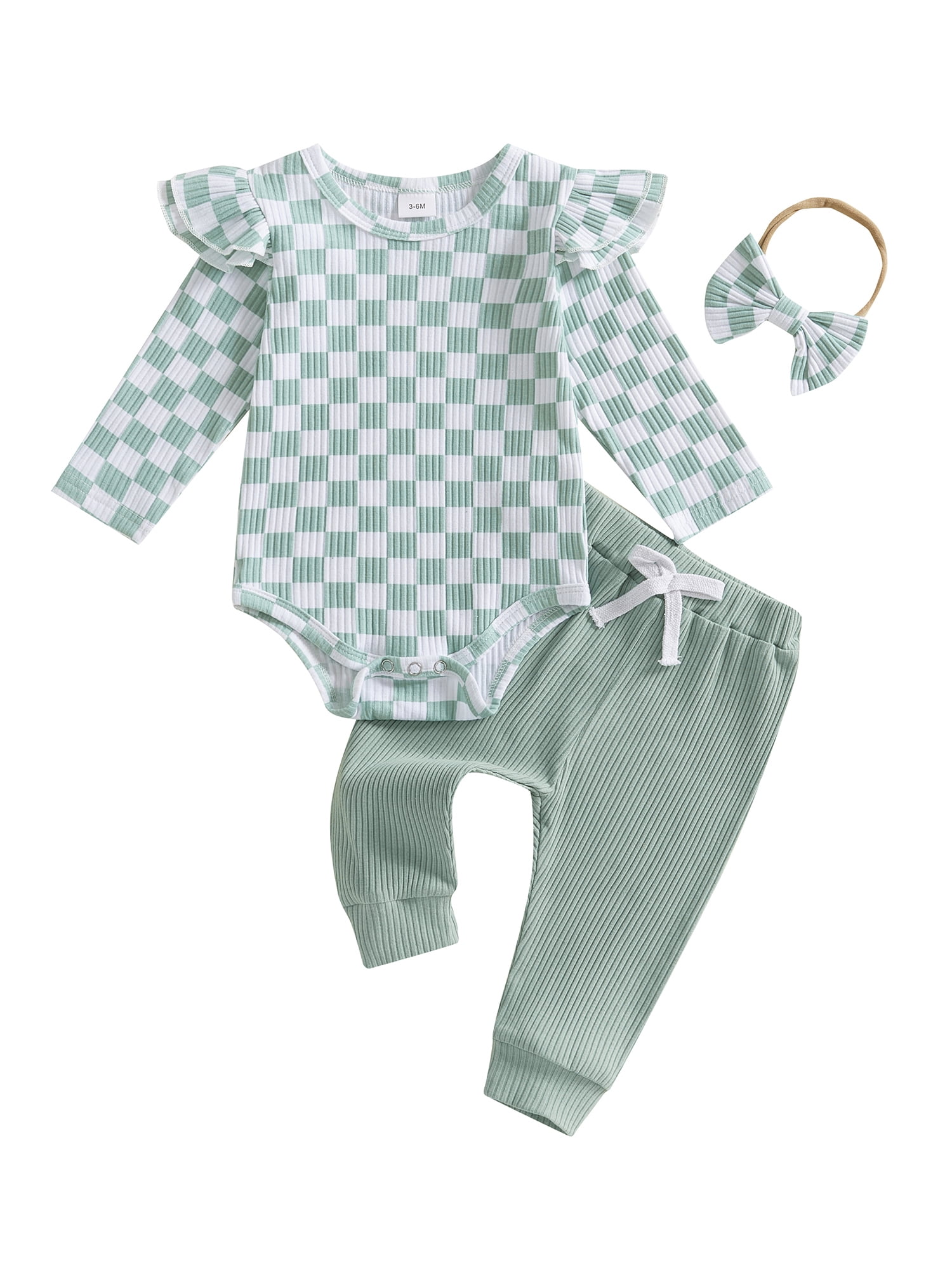 Baby Girl Ribbed Outfits Checkerboard Print Long Sleeve Romper Solid ...