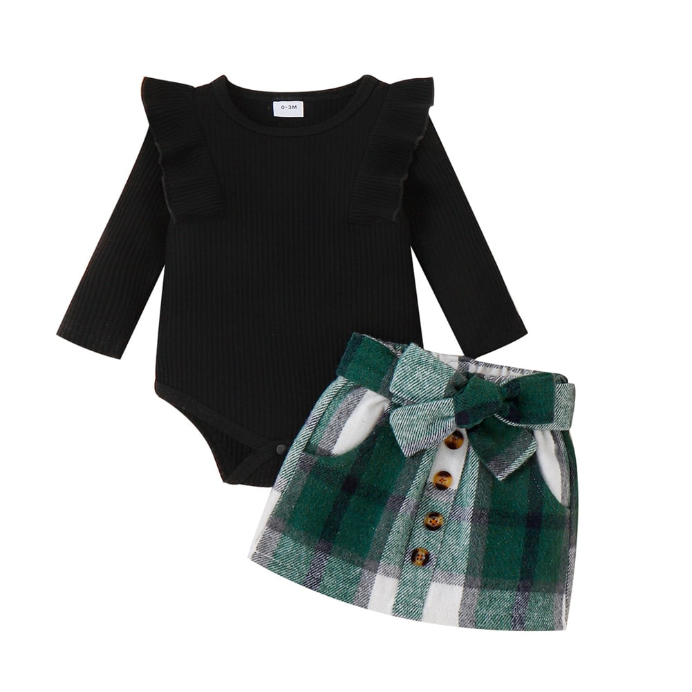 Baby Girl Ribbed Romper + Plaid Skirt 2-PIece Set For Toddlers ...