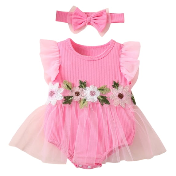 Baby Girl Ribbed Romper with Mesh Skirt Flower Embroidery Ruffle Sleeve ...