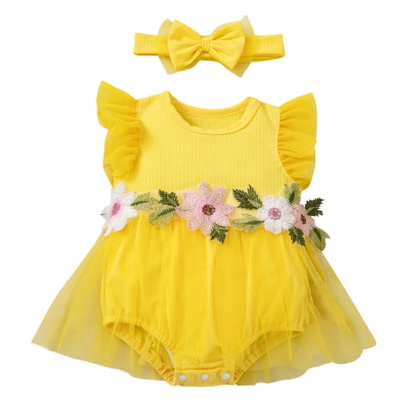 Baby Girl Ribbed Romper with Mesh Skirt Flower Embroidery Ruffle Sleeve ...