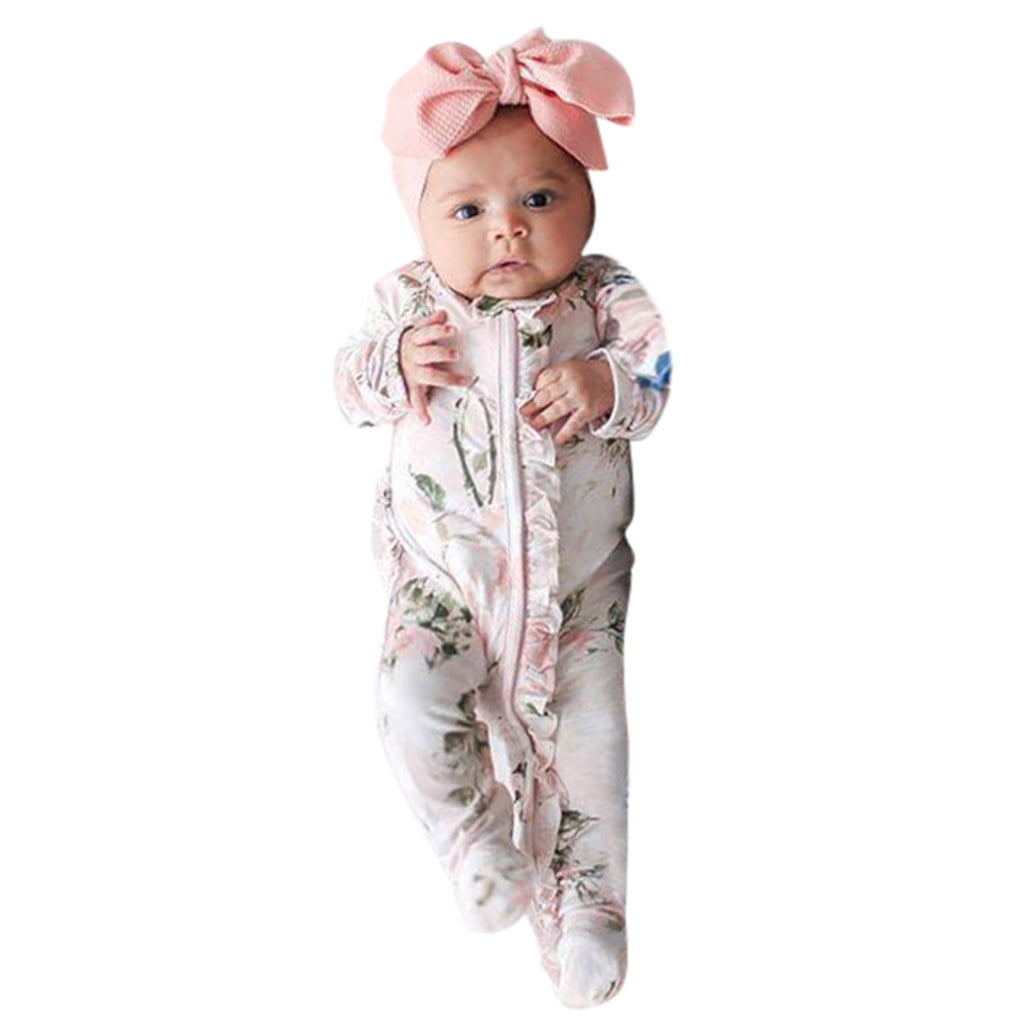 Baby Girl Rompers Sleeper Boy Infant Footed Headband Set Jumpsuit ...