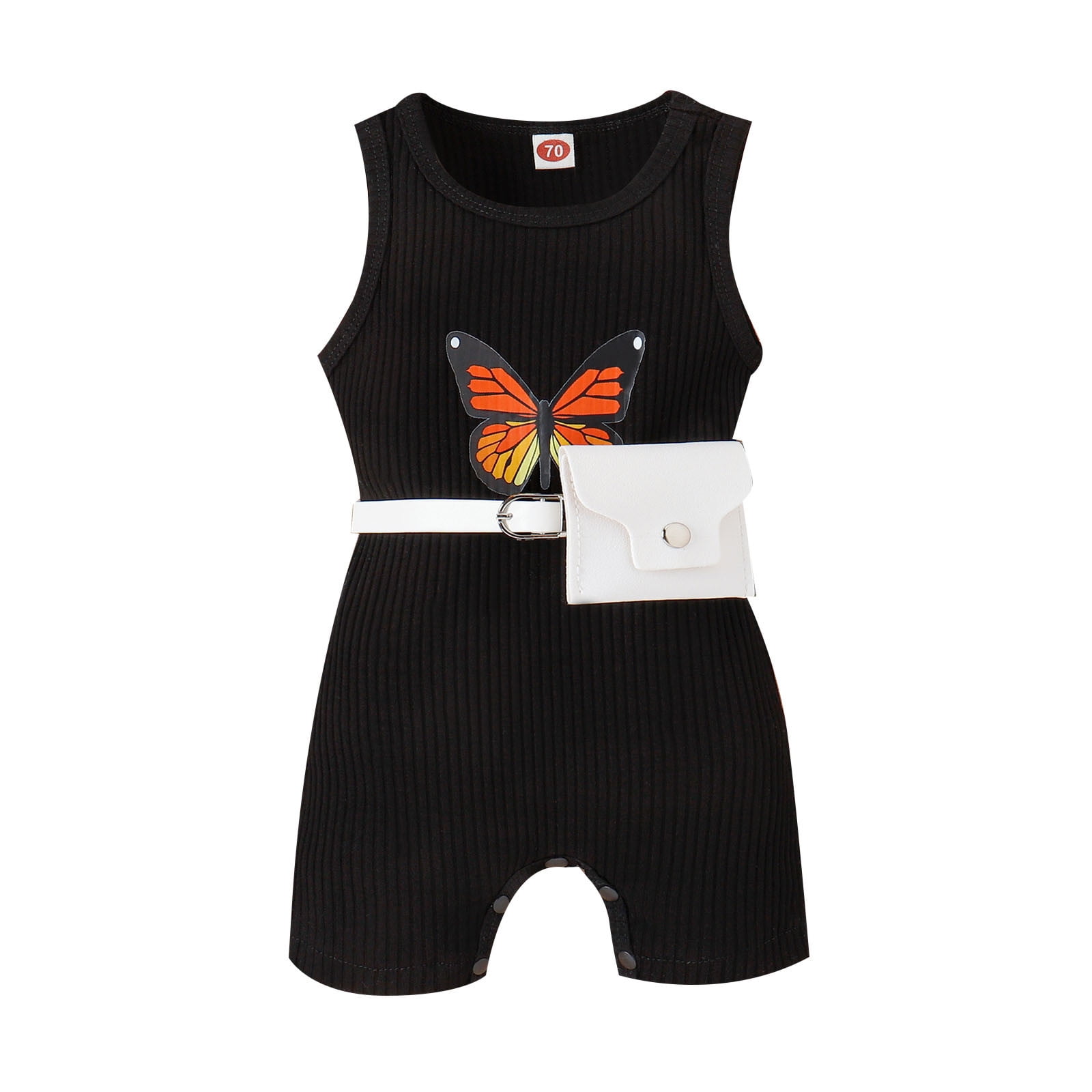 Baby Girl Rompers Sleeveless Butterfly Ribbed Jumpsuit Belt Waist Bag ...