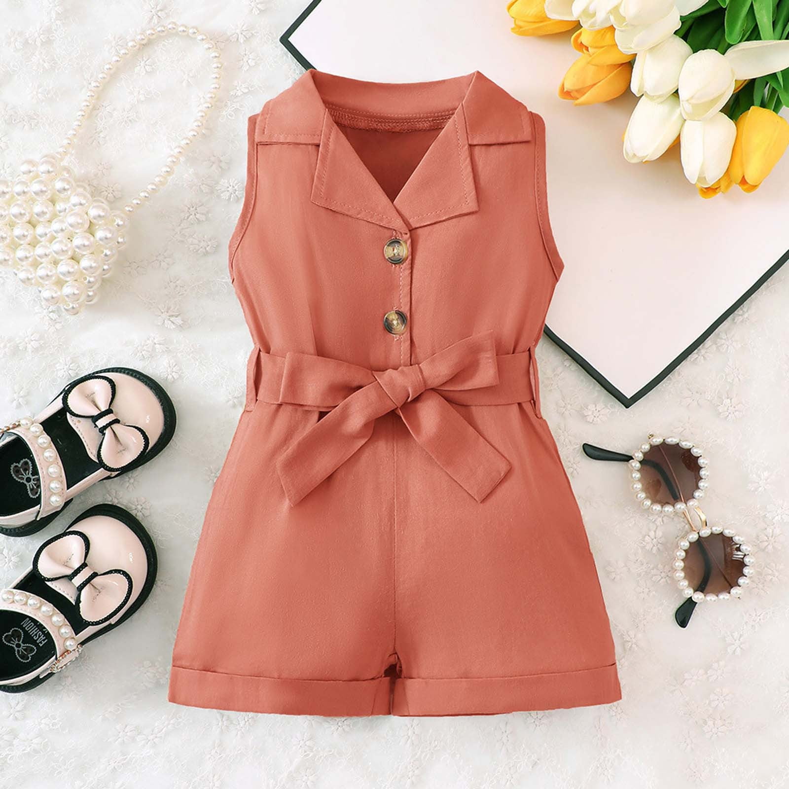Baby Girl Sleeveless Romper with Collar Button-Front Playsuit with ...
