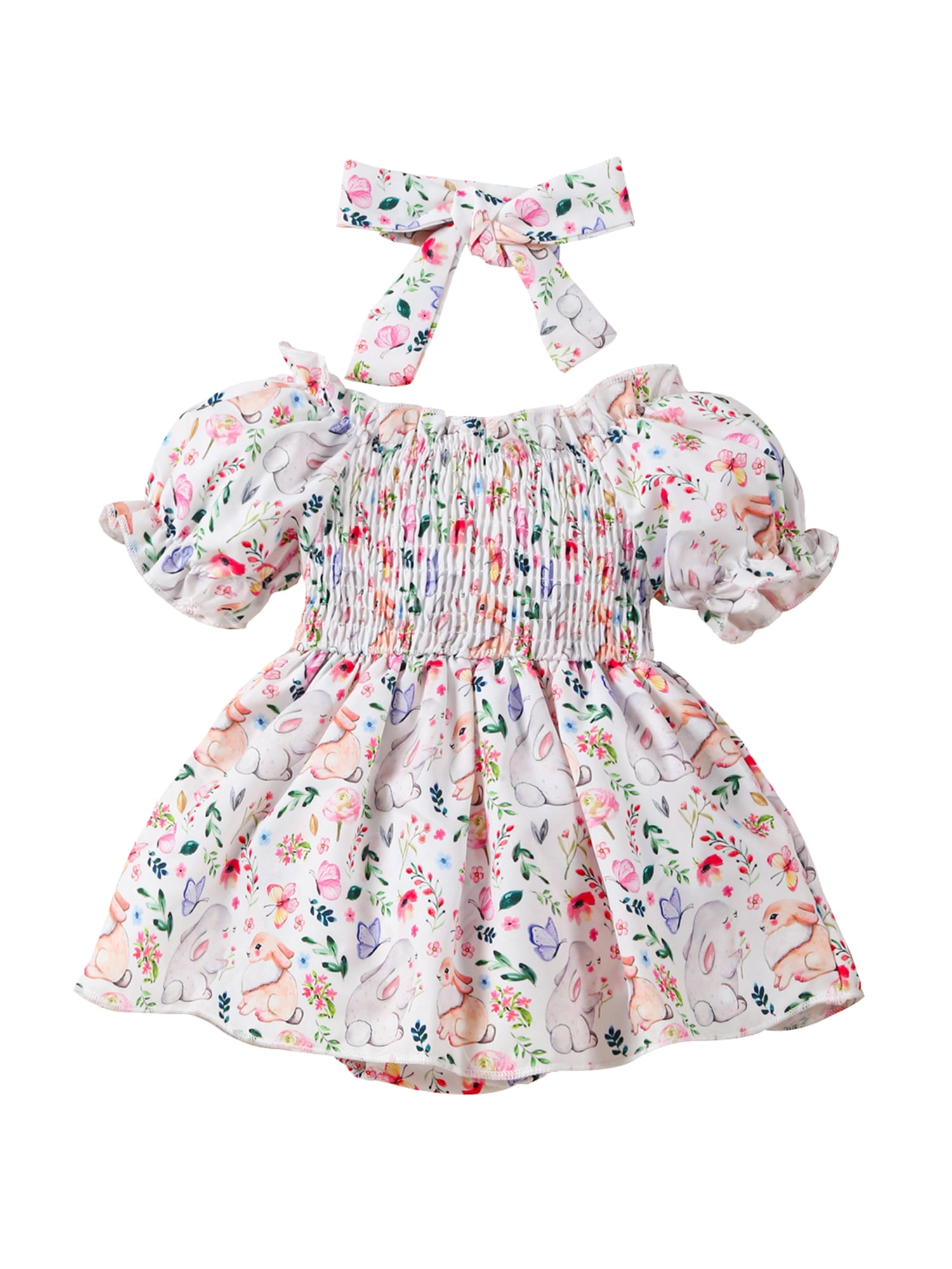 Baby Girl Smocked Romper Dress Bunny Floral Print Bubble Onesie Short Sleeve Clothes Easter ...