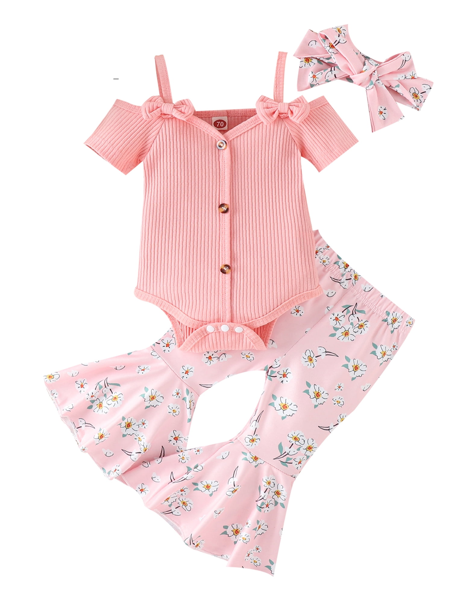 Baby Girl Summer Clothes Off Shoulder Ribbed Romper Onesie Top Bell Bottoms Pants Floral ...