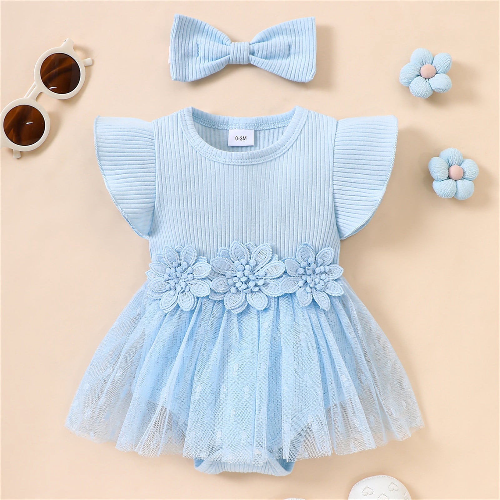Baby Girl Summer Romper Dress Ruffled Sleeve Flower Embroidery Mesh ...