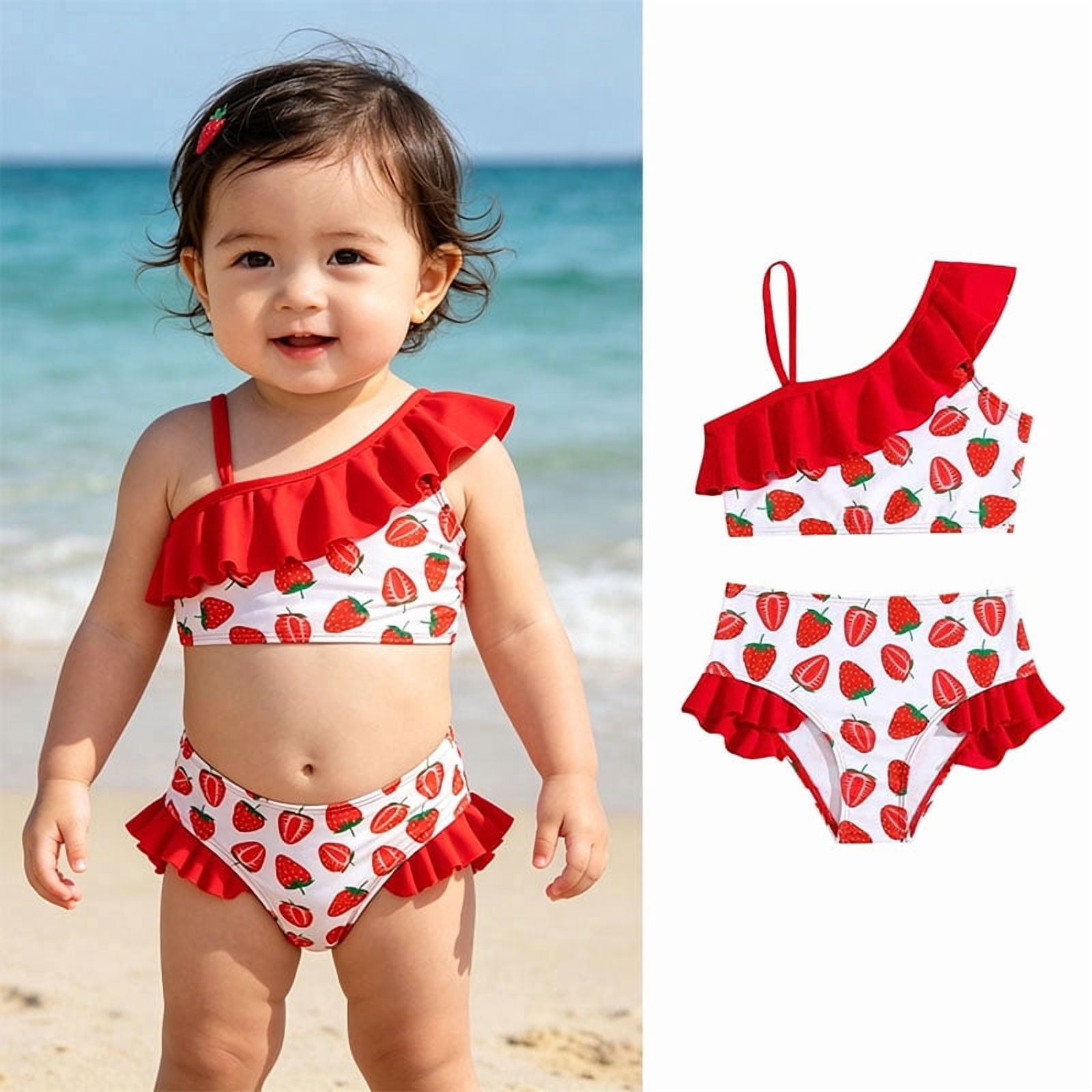 Baby Girl Summer Swimsuit Set One Shoulder Ruffles Strawberry Printed ...
