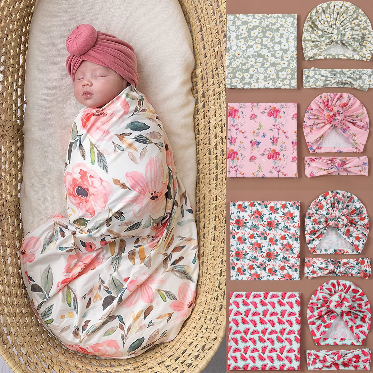 Baby Girl Swaddle with Headband and Beanie Set Newborn Receiving ...