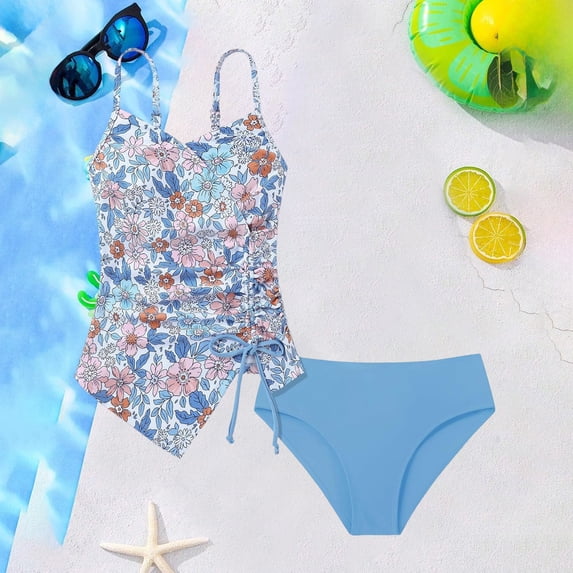 Baby Girl Swimsuit 2 Piece Floral Print V Neck Sleeveless Ruched ...