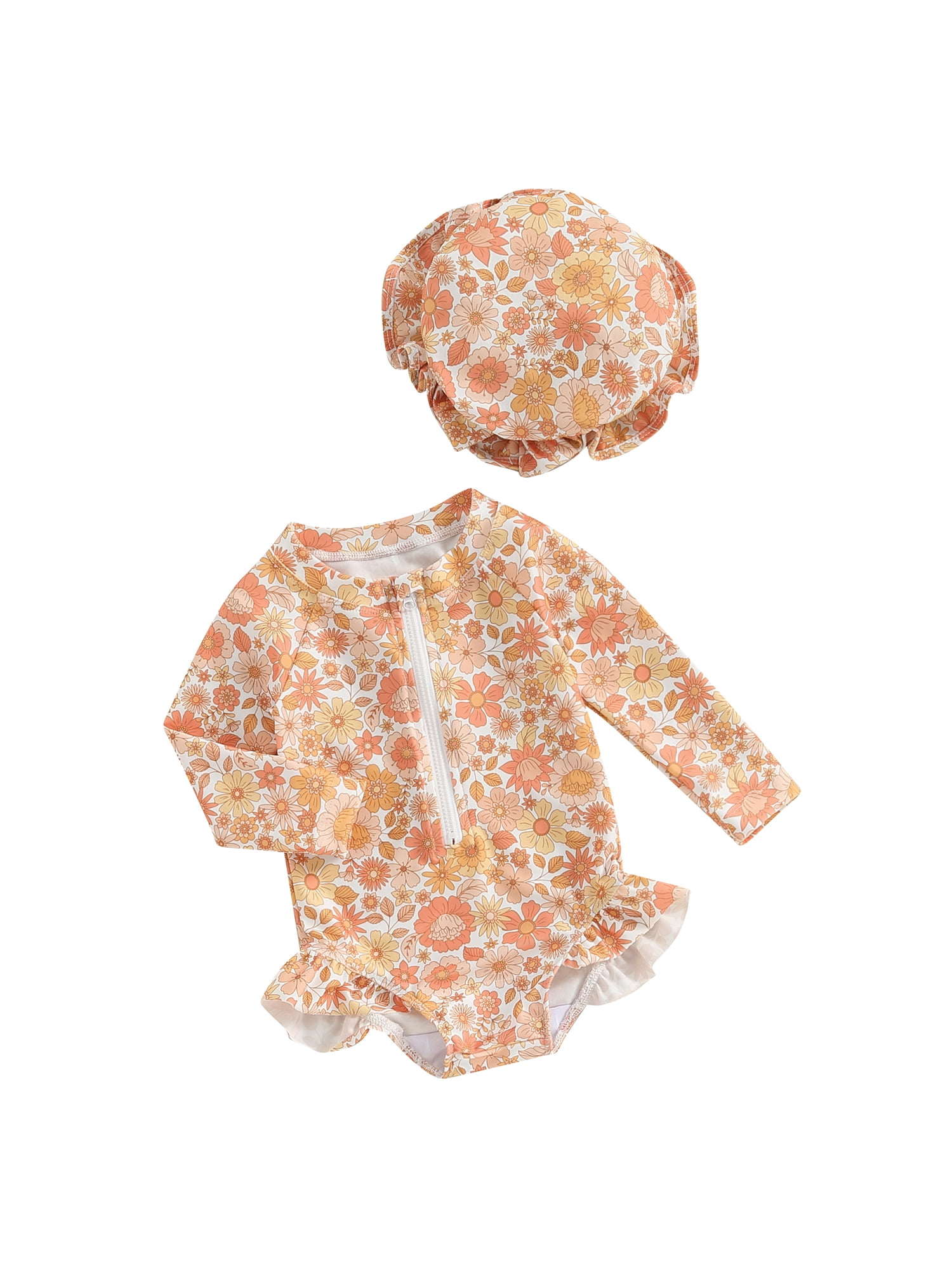 Baby Girl Swimsuit 2 Piece Flower Set Round Neck Long Sleeve Front ...