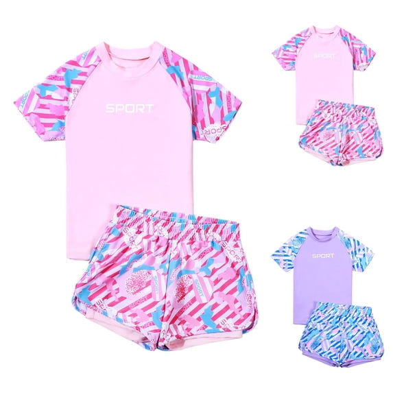 Baby Girl Swimsuit 2 Piece Patchwork Print Round Neck Short Sleeve T ...