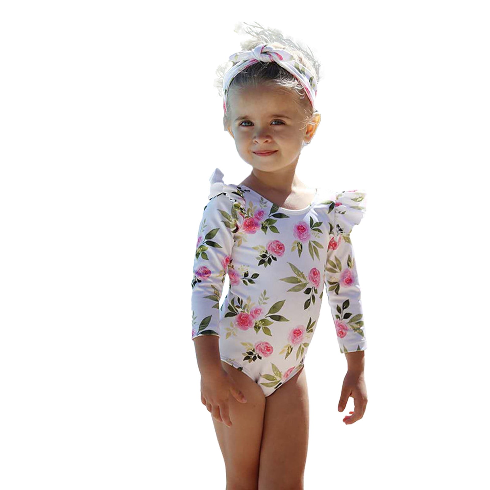 Baby Girl Swimsuit Long Sleeve Floral Prints 2 Piece Swimwear Swimsuit ...