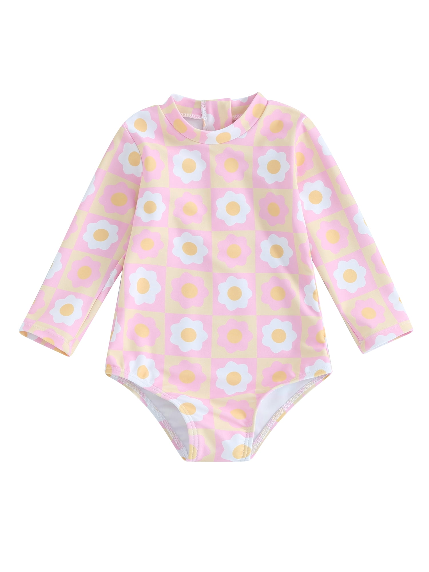Baby Girl Swimsuit Long Sleeve Round Neck Flower Print Zip Up Bathing ...