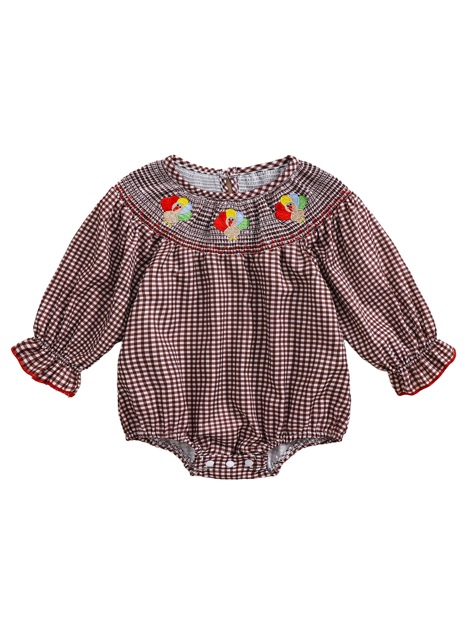 Baby Girl Thanksgiving Clothes Turkey Embroidery Plaid Long Sleeve Smocked Bubble Romper Infant ...