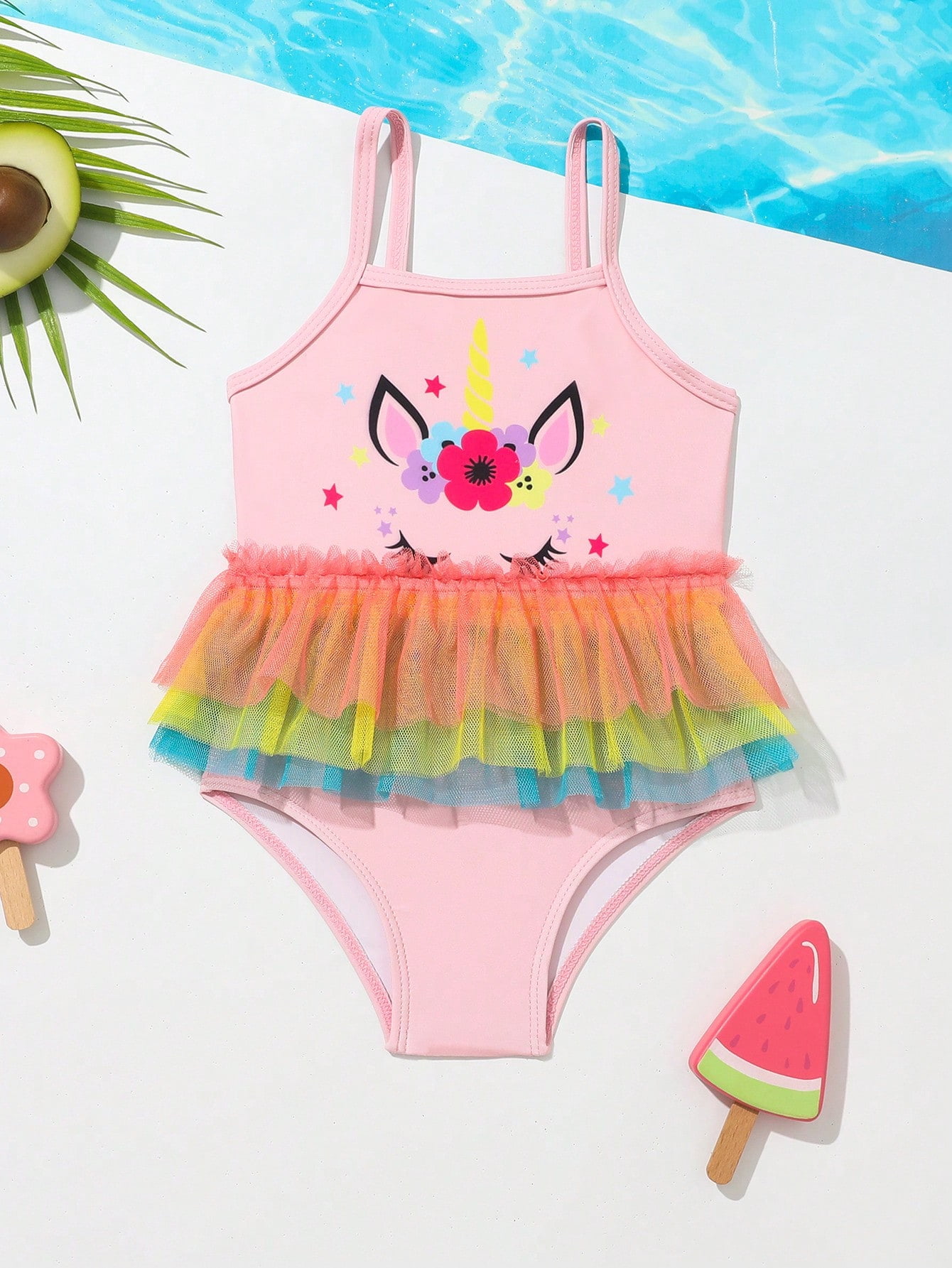 Baby Girl Unicorn Printed Mesh Splice Swimsuit With Hat - Walmart.com