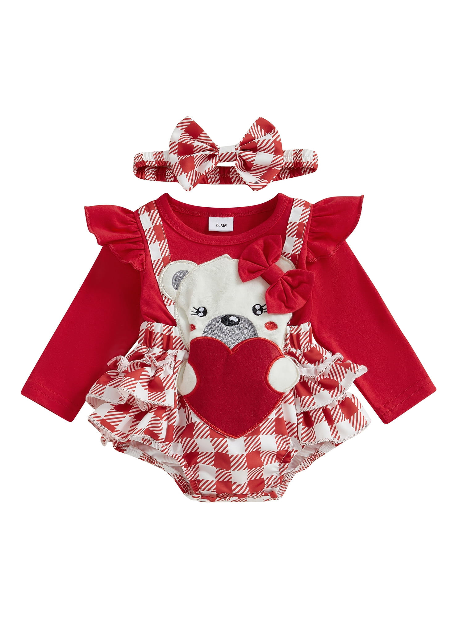 Baby Girl Valentine Clothes Heart Bear Embroidery Romper Dress Long Sleeve Ruffle Skirt Bodysuit ...