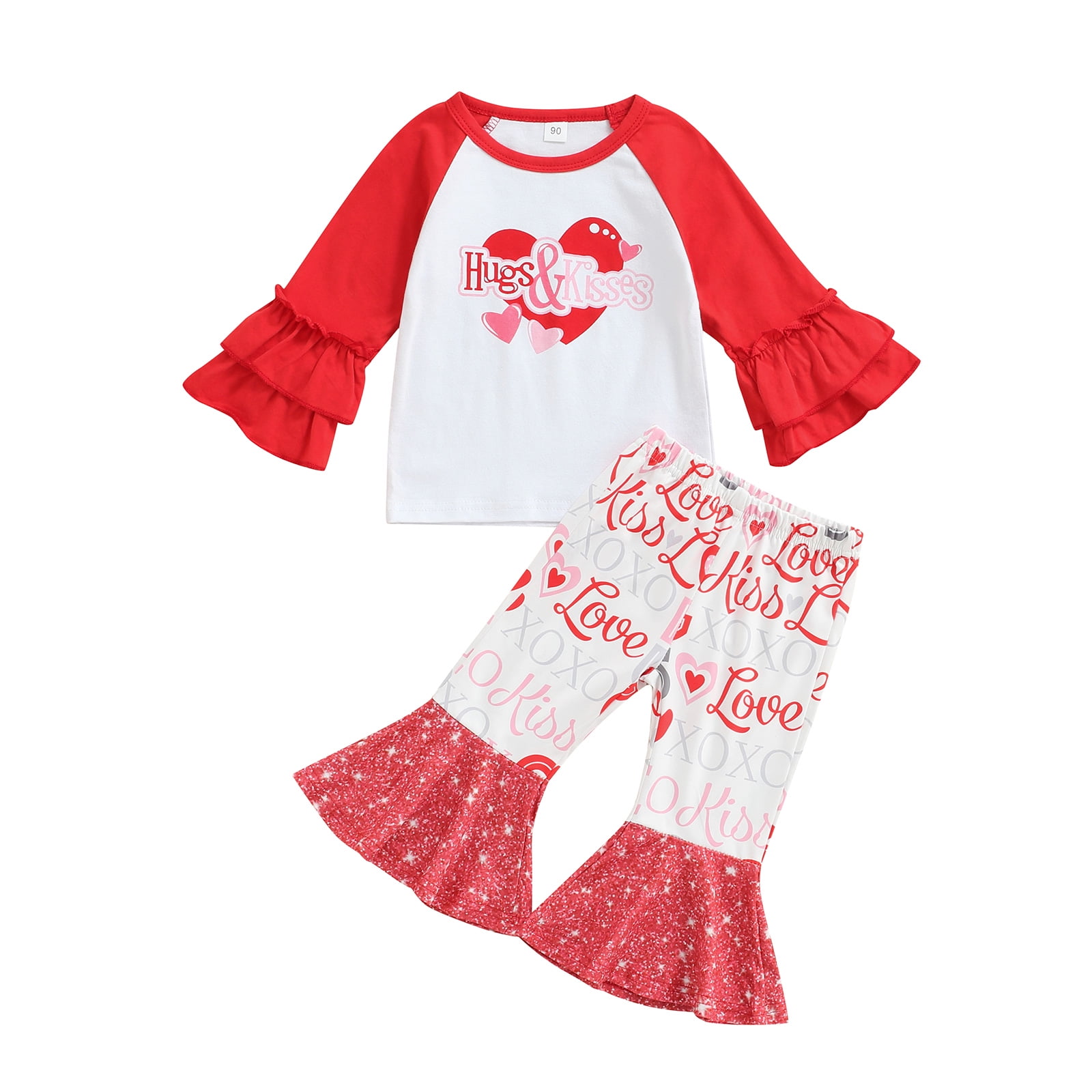Baby Girl Valentine's Day Clothes Toddler Girl Outfit Ruffle Sleeve Shirt Bell Bottom Trousers ...