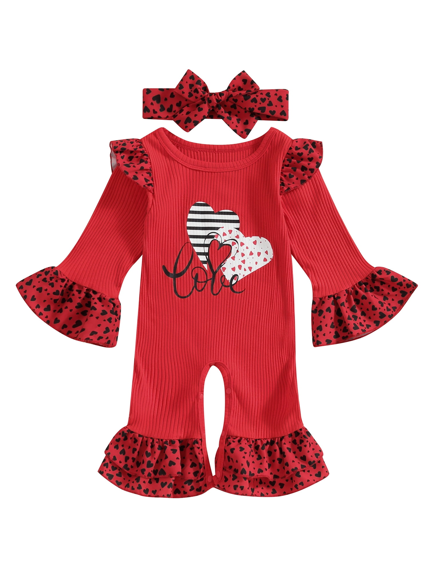 Baby Girl Valentine's Day Jumpsuit Red Long Sleeve Crew Neck Heart Print Ruffle Romper with ...