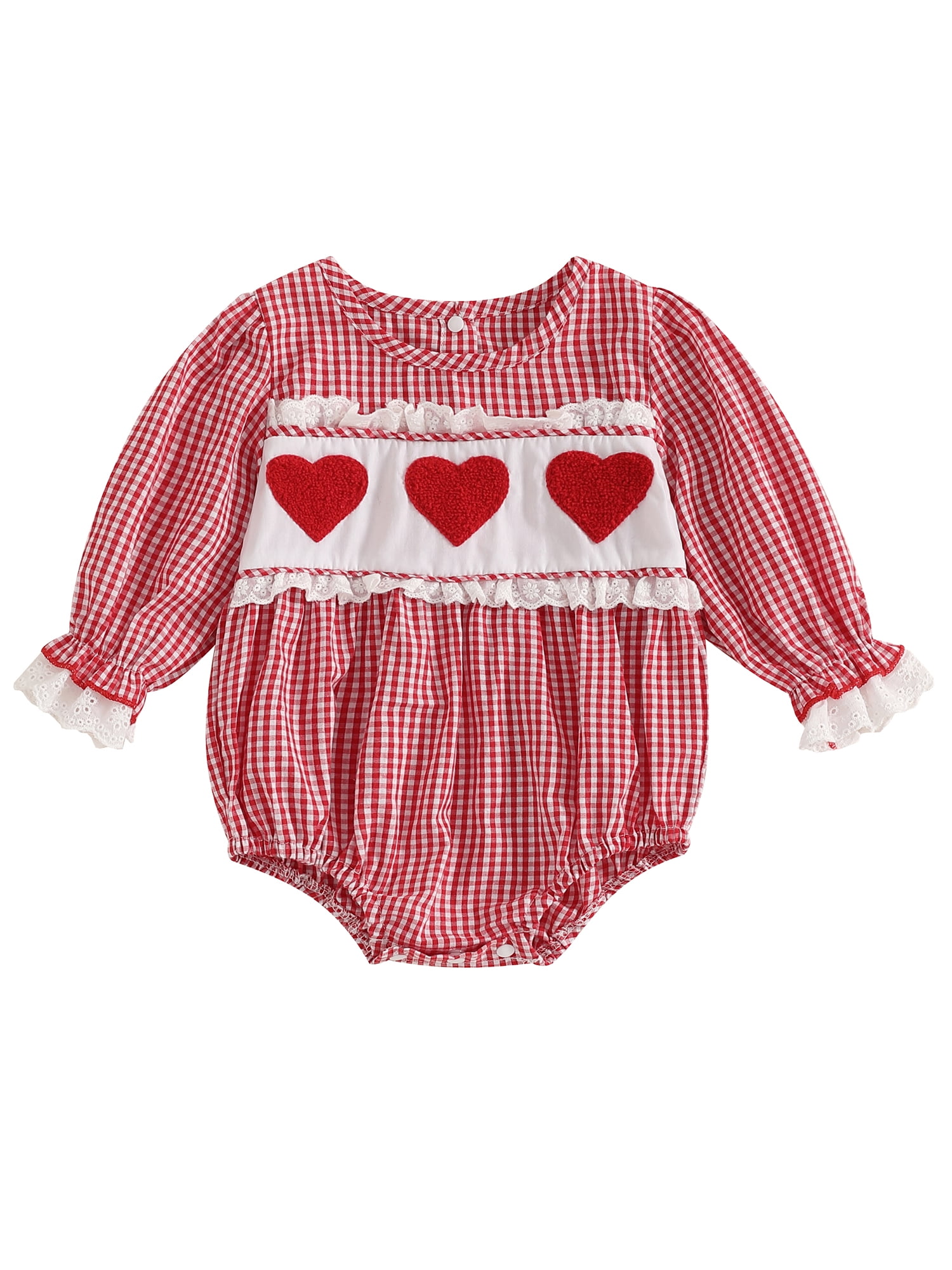 Baby Girl Valentine's St. Patrick's Day Outfit Heart Plaid Ruffle Romper Long Sleeve Smocked ...