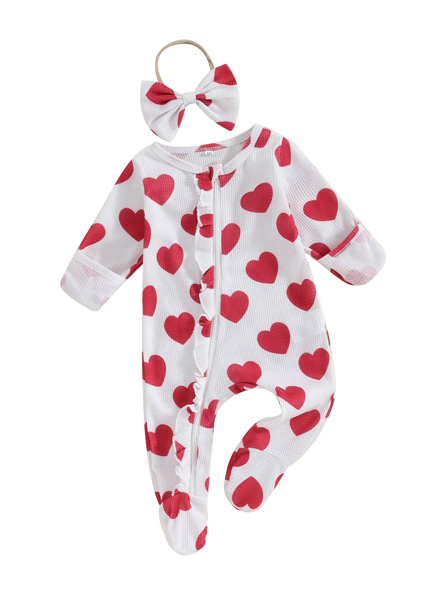 Baby Girl Valentines Day Outfit Long Sleeve Heart Print Zipped Footies Jumpsuit with Headband ...