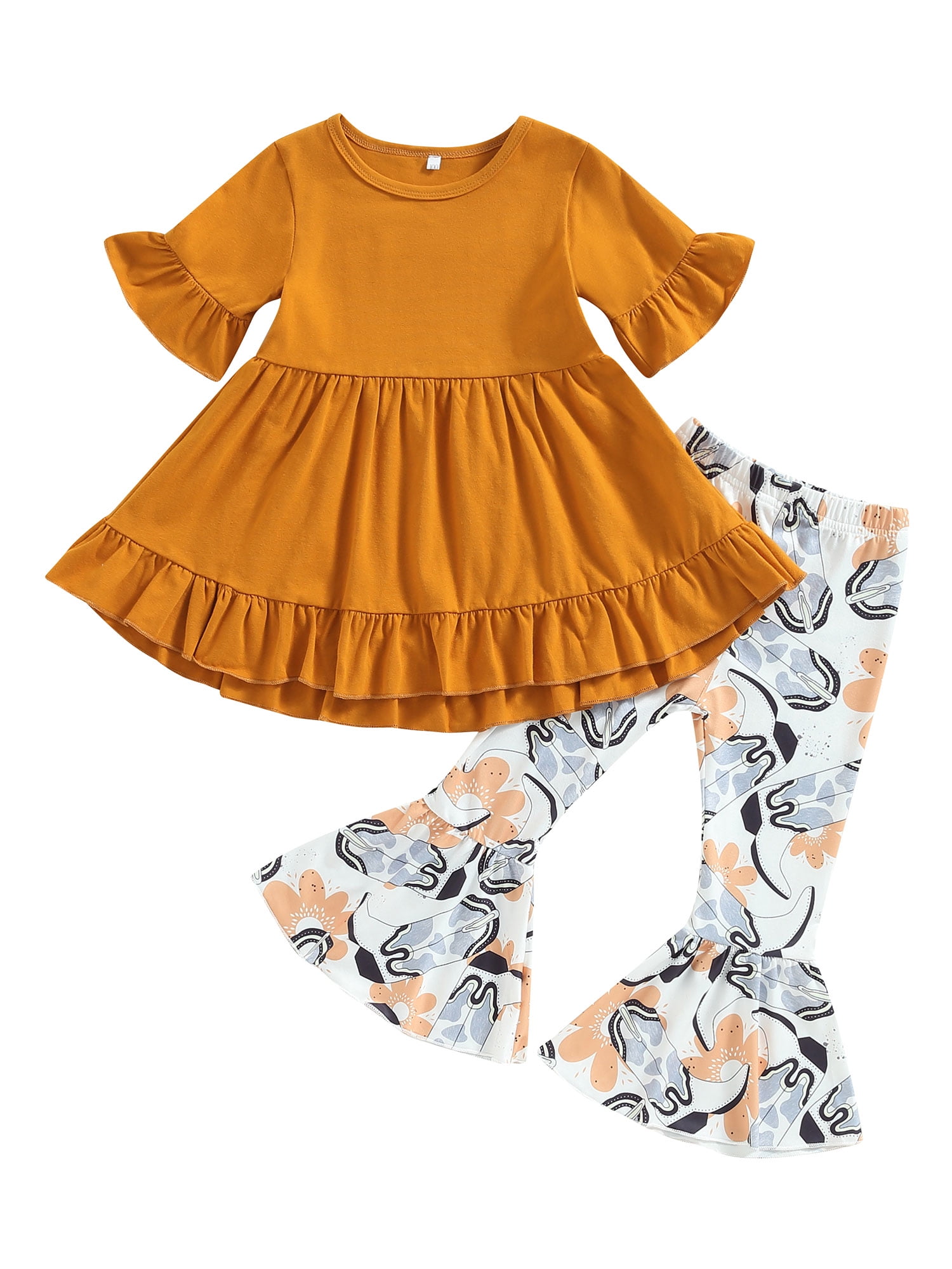 Baby Girl Western Clothes Bell Bottoms Outfit Short Sleeve Ruffle Tunic ...