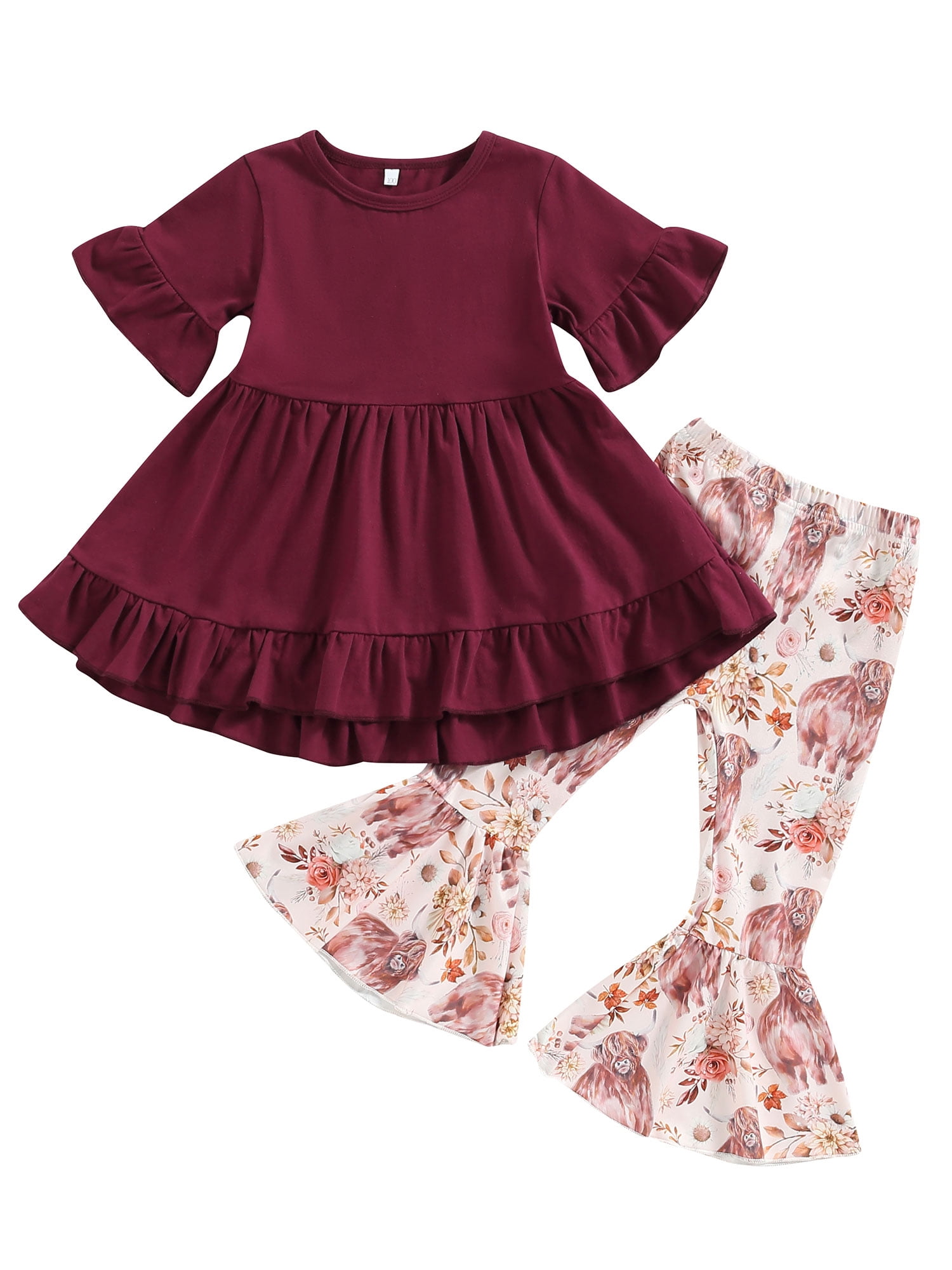 Baby Girl Western Clothes Bell Bottoms Outfit Short Sleeve Ruffle Tunic ...