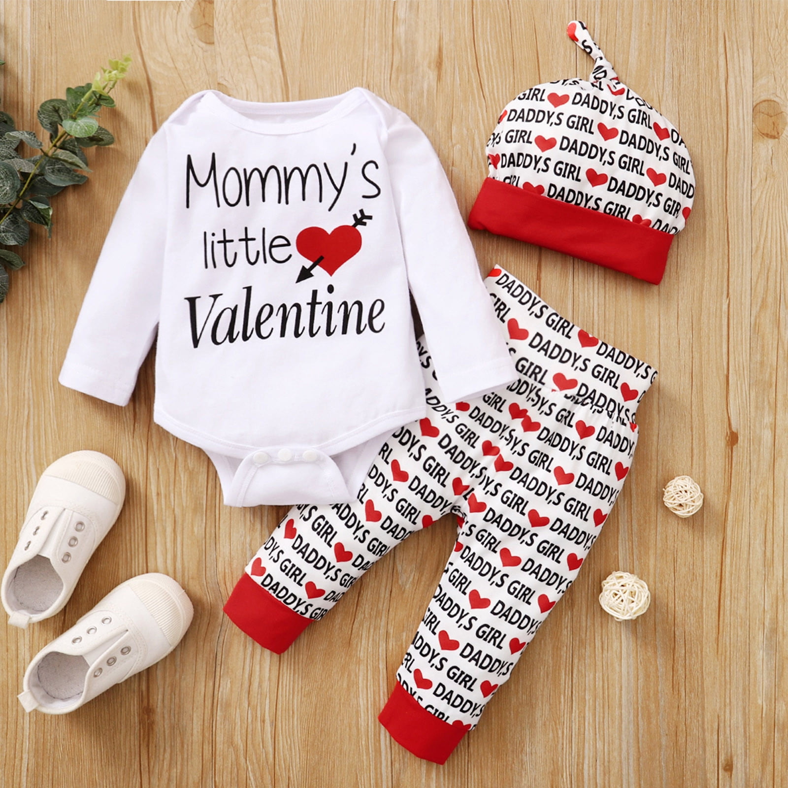 Baby Girl’s Outfits Set First Valentine Day Romper Heart Print Pants Hat 3PCs Clothes 0-3 Months ...