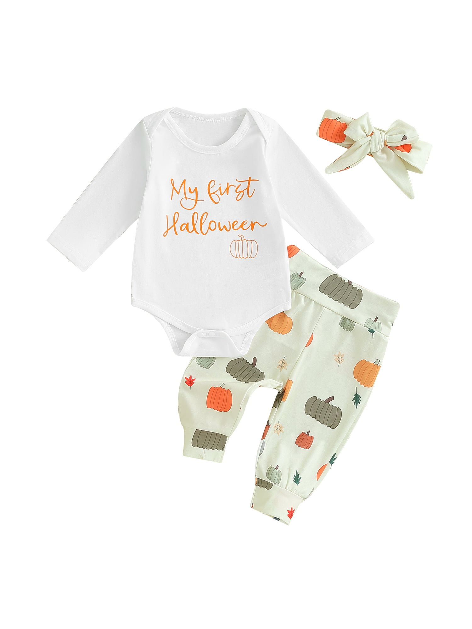 Shunvnny Baby Girls 3 Piece Outfit Halloween Letter Print Long Sleeves Romper and Pumpkin Pants ...