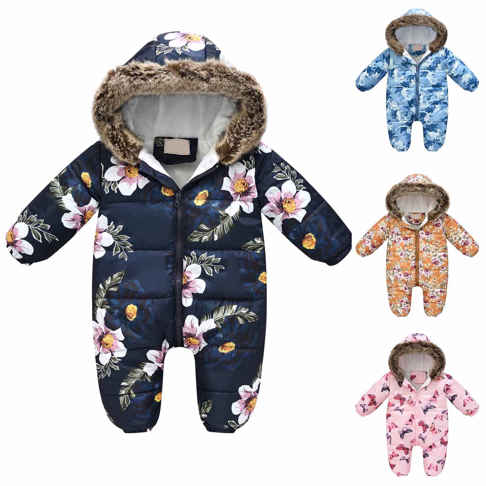 Baby Girls Boys Winter Warm Jacket Jumpsuit Hooded Snowsuit Floral Print Vintage Windproof ...