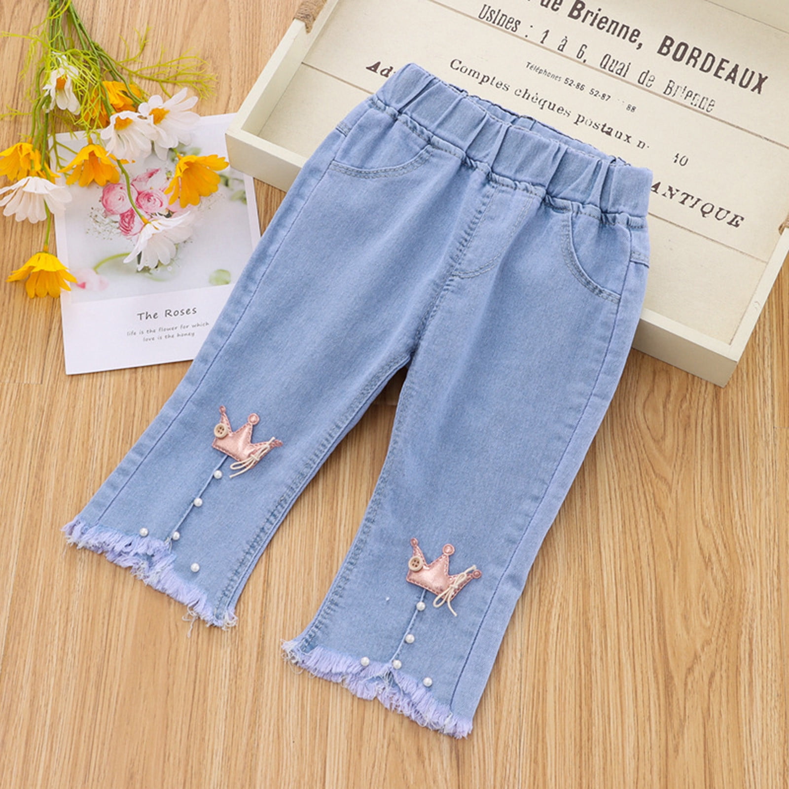 Baby Girls Capri Denim Pants Toddler Kid Pants Jeans Soft Elastic Waist ...