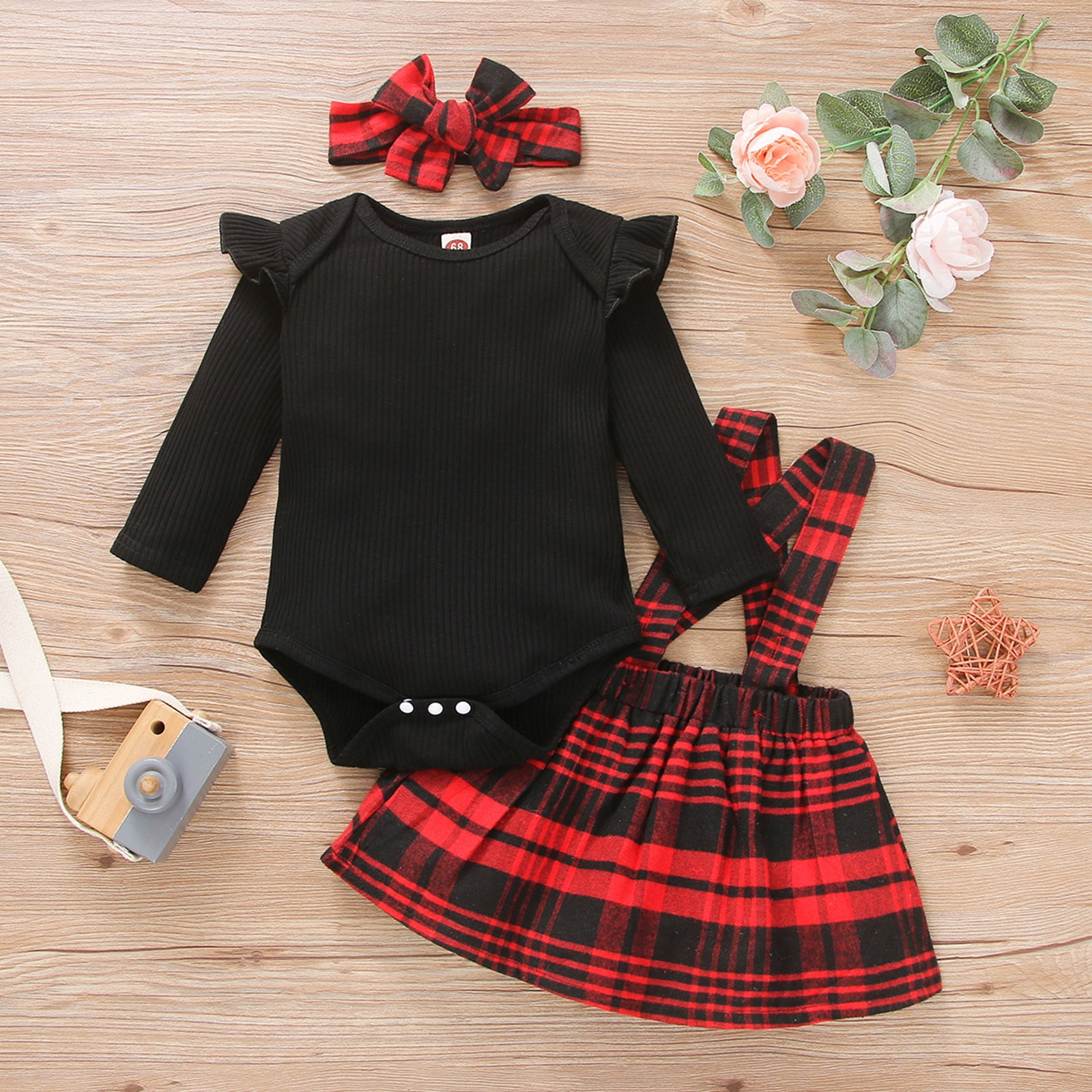 Baby Girls Cotton Plaid Autumn Long Sleeve Romper Bodysuit Suspender ...