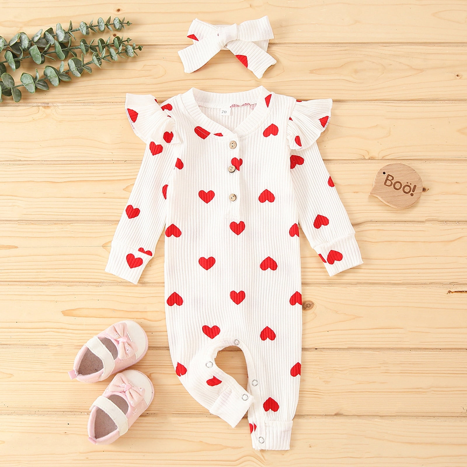 Baby Girls Cute Heart Print Buttons Long Sleeve Romper Jumpsuit With Headband Valentine Clothes ...
